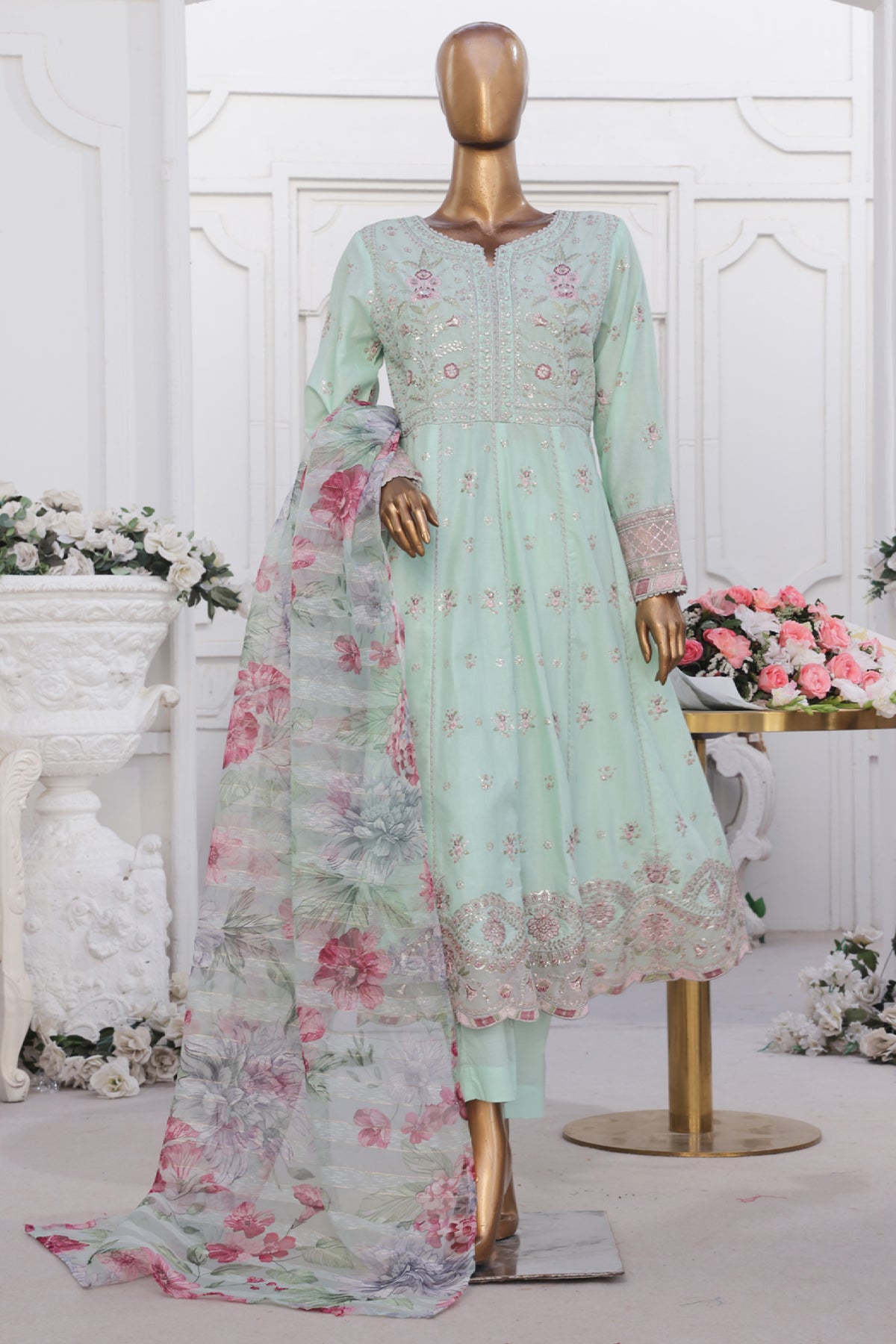 Lawn - Stitched Luxury Embroidered Frock style 3piece - Sea Green ...