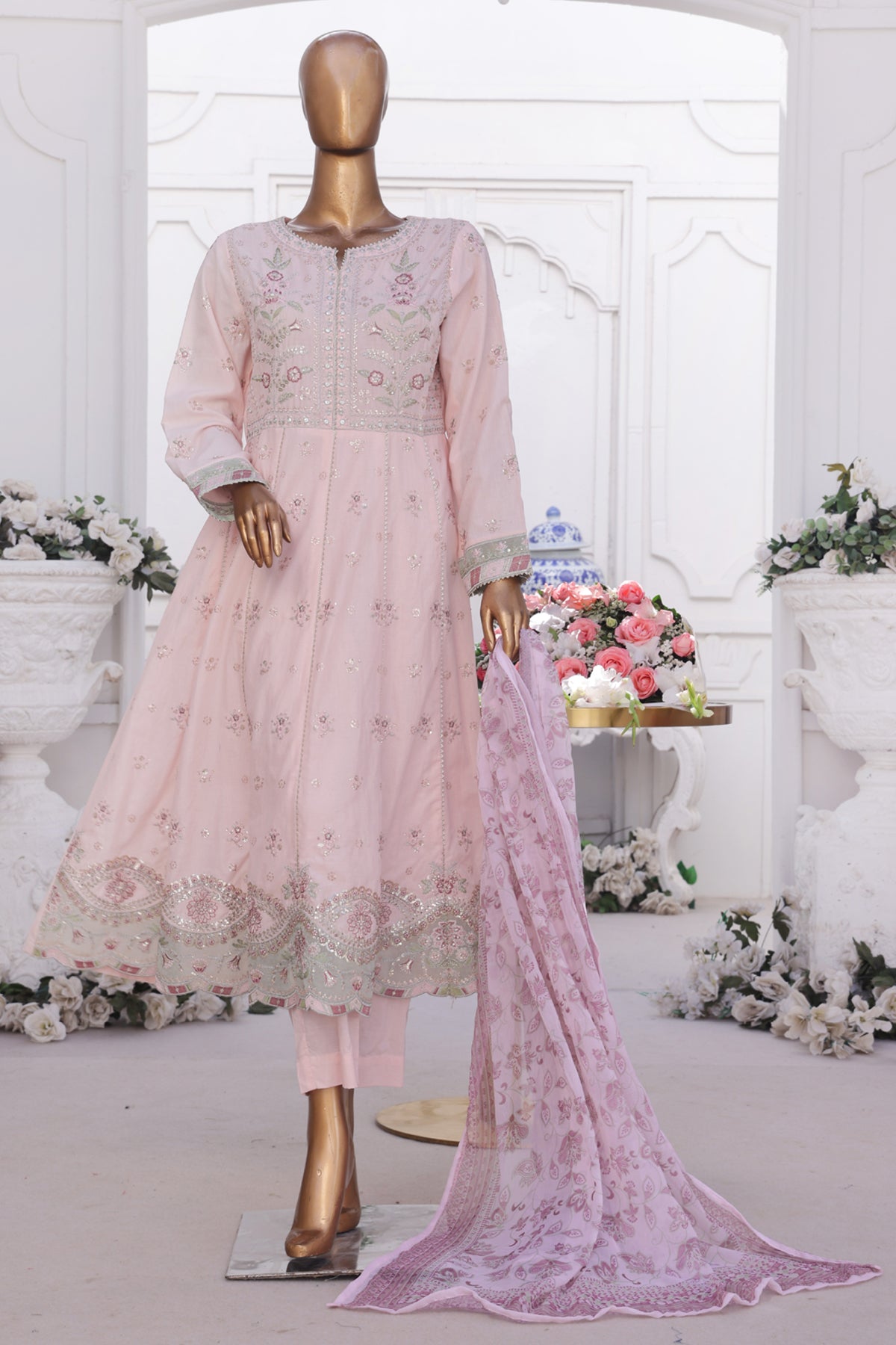 Lawn - Stitched Luxury Embroidered Frock style 3piece - Light Pink ...