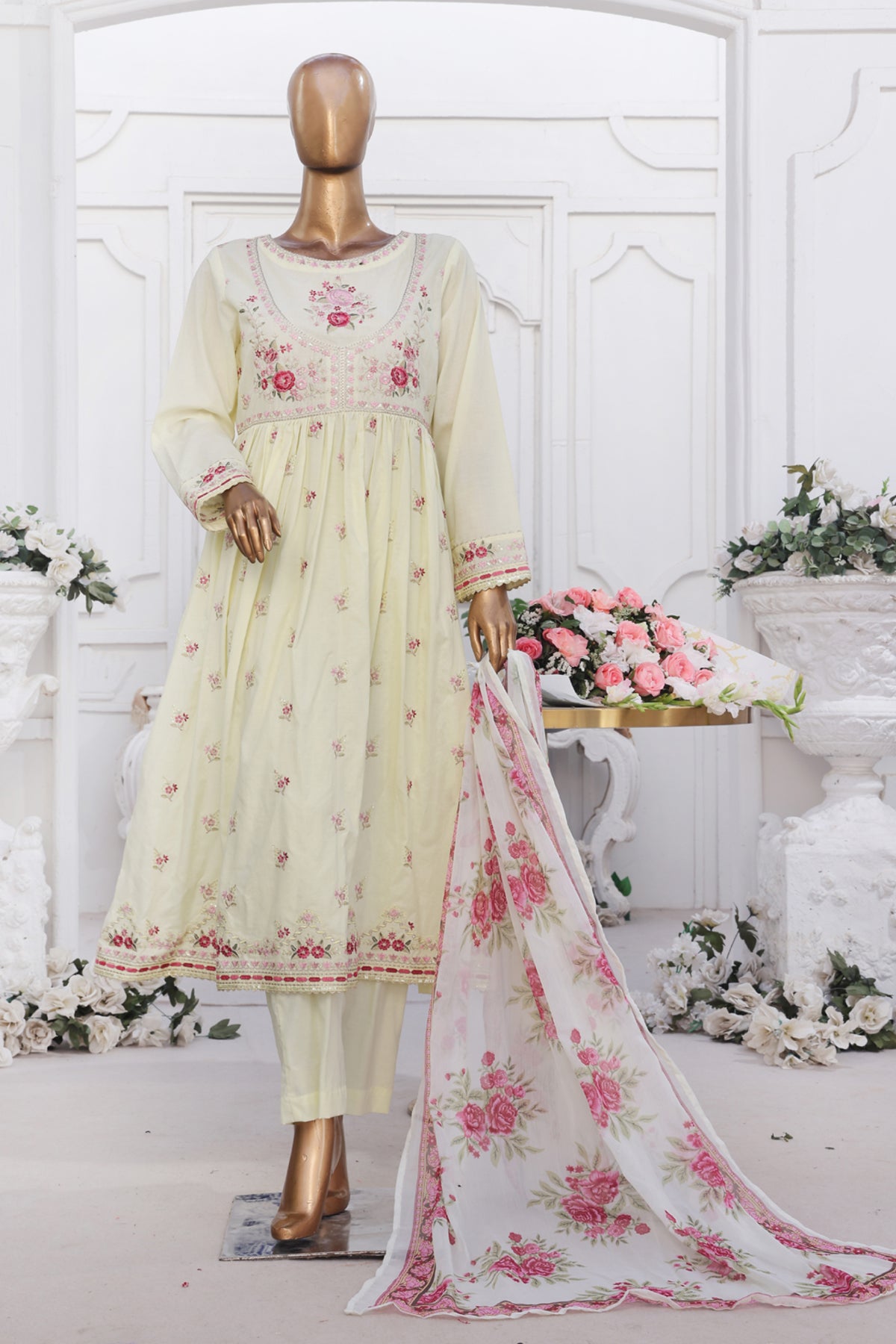Lawn - Stitched Luxury Embroidered Frock style 3piece - Light Yellow ...